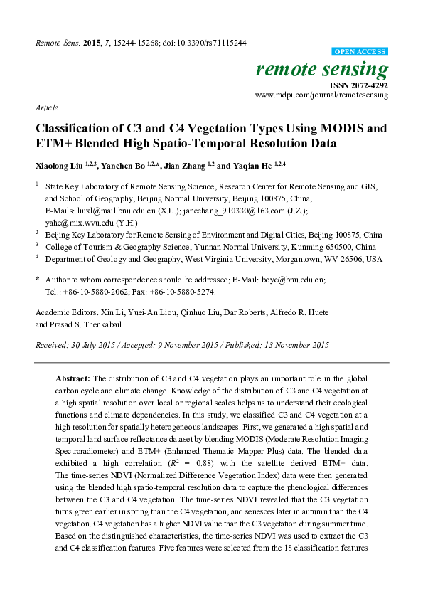 (PDF) Classification of C3 and C4 Vegetation Types Using MODIS and ETM+ ...