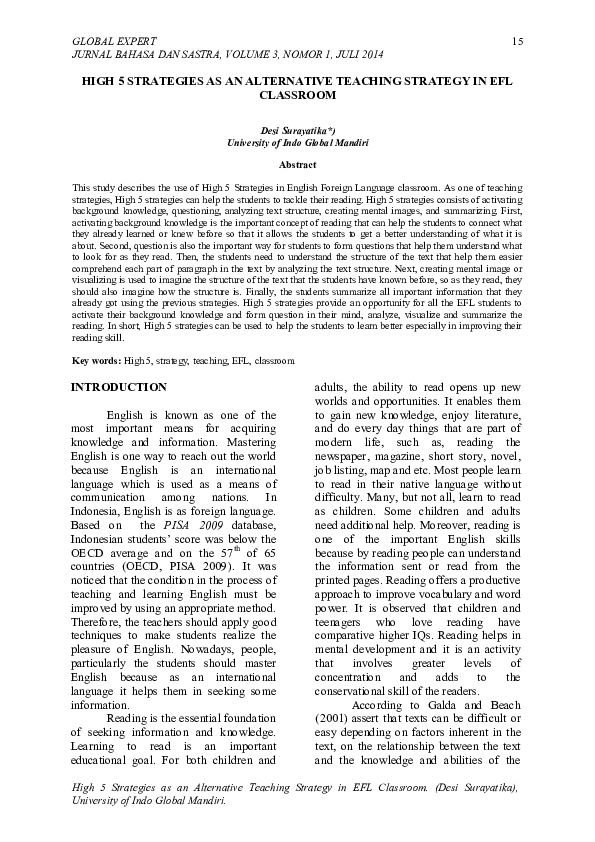 HIGH 5 STRATEGIES AS AN ALTERNATIVE TEACHING STRATEGY IN EFL CLASSROOM