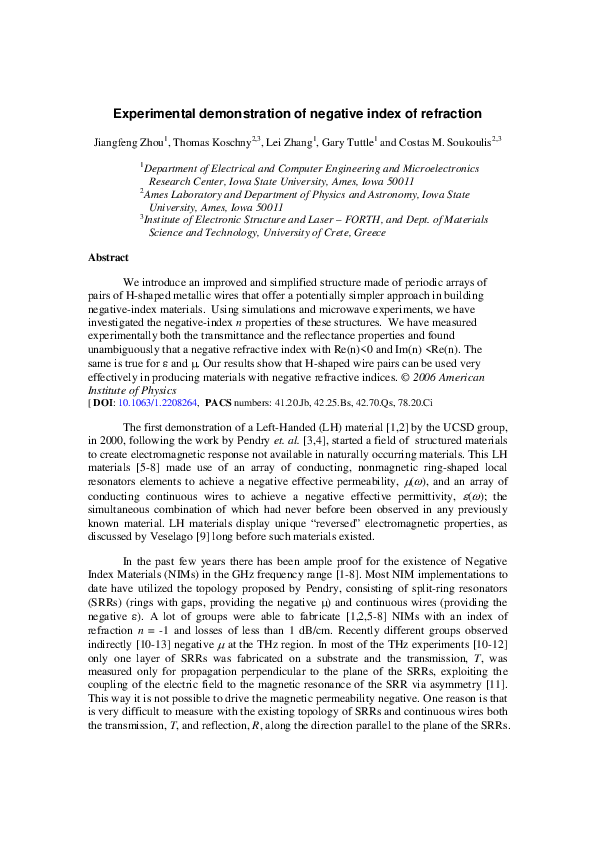 (PDF) Experimental demonstration of negative index of refraction