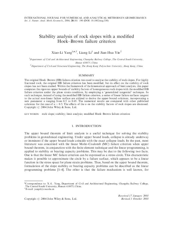 (PDF) Stability analysis of rock slopes with a modified Hoek–Brown failure criterion