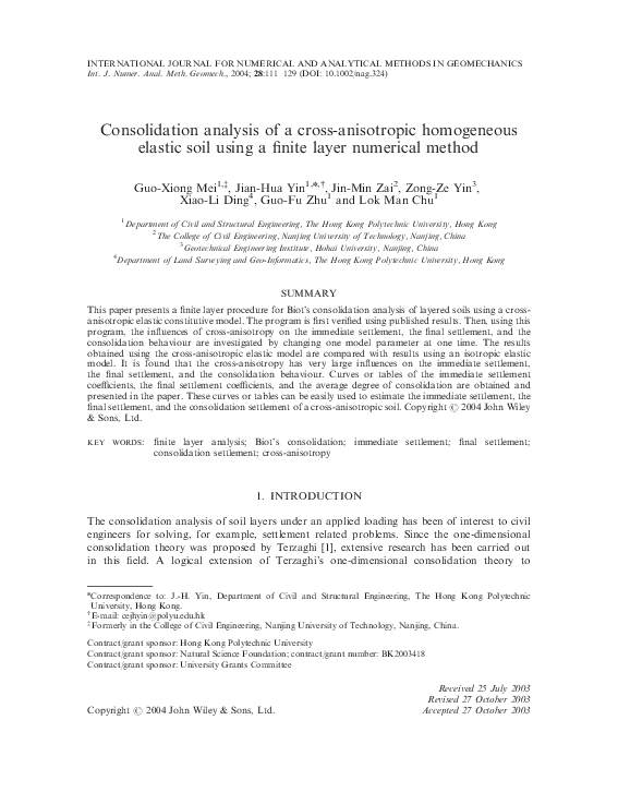 (PDF) Consolidation analysis of a cross-anisotropic homogeneous elastic soil using a finite ...
