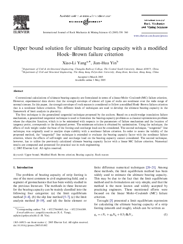 (PDF) Upper bound solution for ultimate bearing capacity with a ... (PDF) Upper bound solution for ultimate bearing capacity with a ...