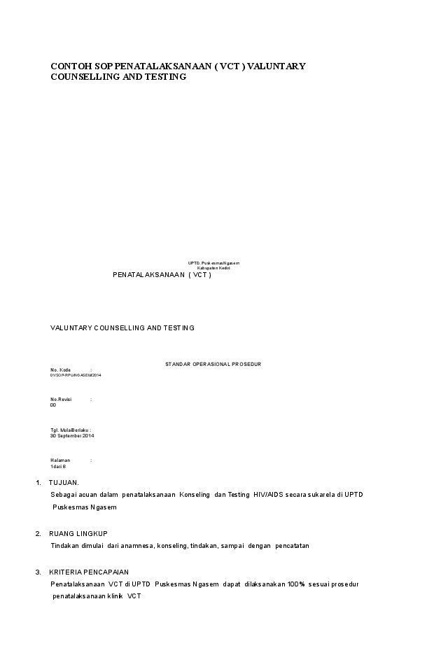 (DOC) CONTOH SOP PENATALAKSANAAN ( VCT ) VALUNTARY COUNSELLING AND ...