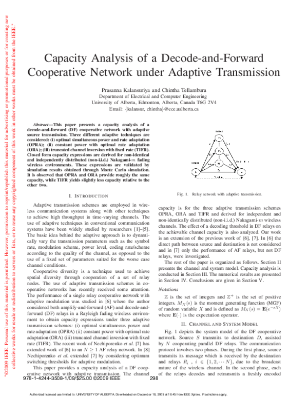 Pdf Capacity Analysis Of A Decode And Forward Cooperative Network Under Adaptive Transmission