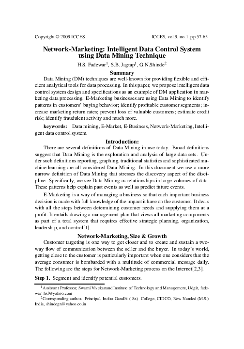 (PDF) Network-Marketing: Intelligent Data Control System using Data Mining Technique ...