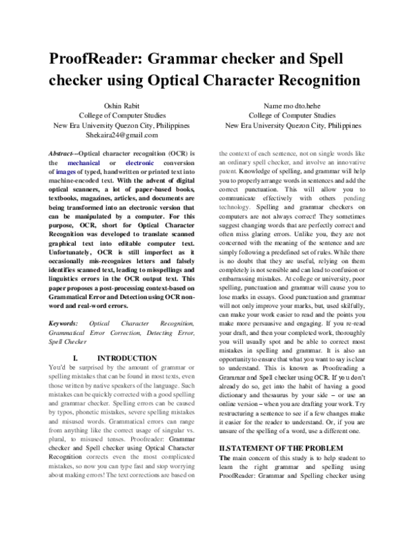 (PDF) ProofReader: Grammar checker and Spell checker using Optical ...