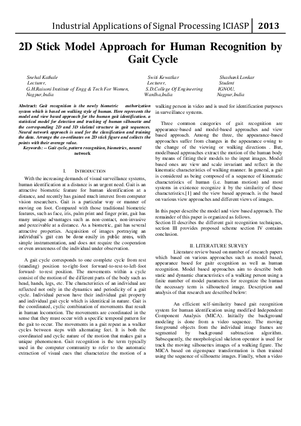 (PDF) 2D Stick Model Approach for Human Recognition by Gait Cycle