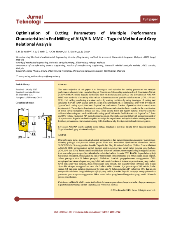 (PDF) Optimization of Cutting Parameters of Multiple Performance Characteristics in End Milling ...