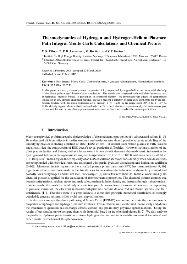(PDF) Thermodynamics of Hydrogen and Hydrogen-Helium Plasmas: Path Integral Monte Carlo ...