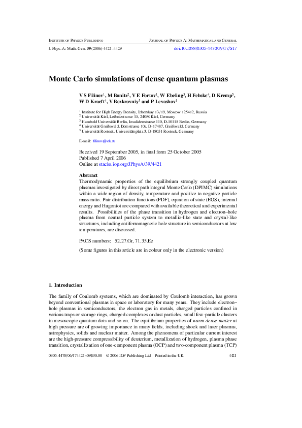 (PDF) Monte Carlo simulations of dense quantum plasmas