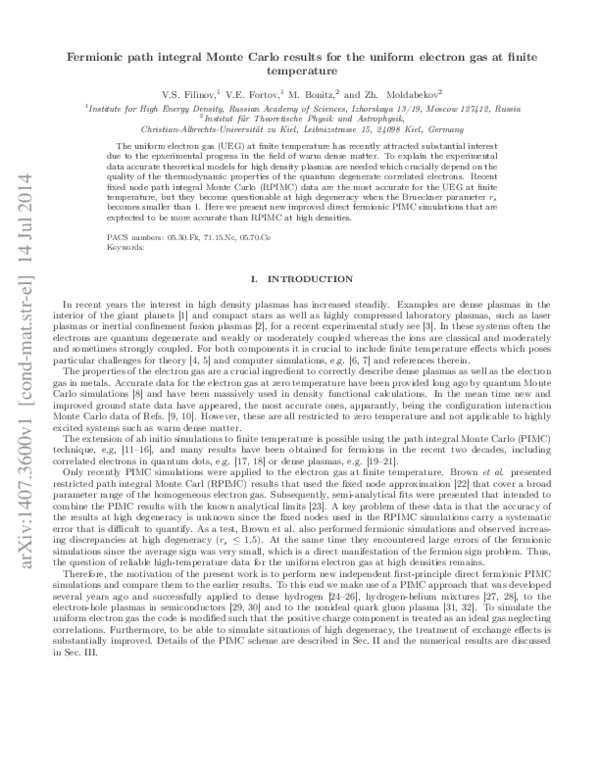 (PDF) Fermionic path-integral Monte Carlo results for the uniform electron gas at finite temperature