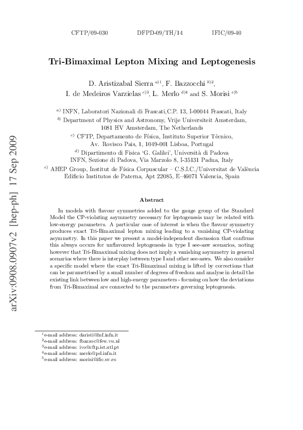 (PDF) Tri/Bi-maximal lepton mixing and leptogenesis