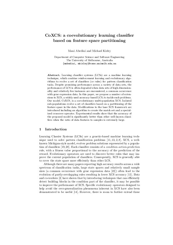 (PDF) CoXCS: A Coevolutionary Learning Classifier Based on Feature Space Partitioning