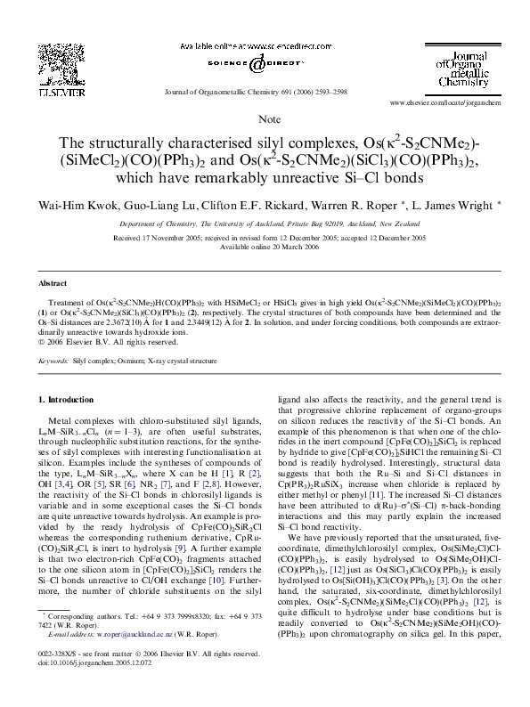(PDF) The structurally characterised silyl complexes, Os(κ2-S2CNMe2 ...