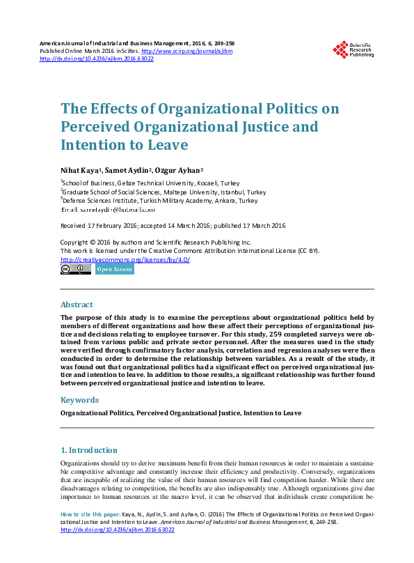 (PDF) The Effects of Organizational Politics on Perceived Organizational Justice and Intention ...