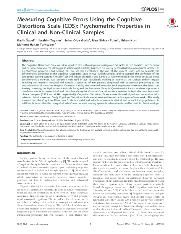 Pdf Measuring Cognitive Errors Using The Cognitive Distortions Scale