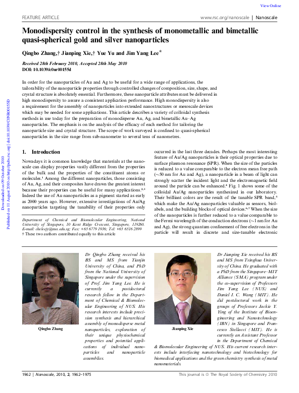 (PDF) Monodispersity control in the synthesis of monometallic and ...