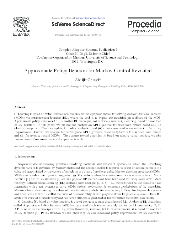 (PDF) Approximate Policy Iteration for Semi-Markov Control Revisited