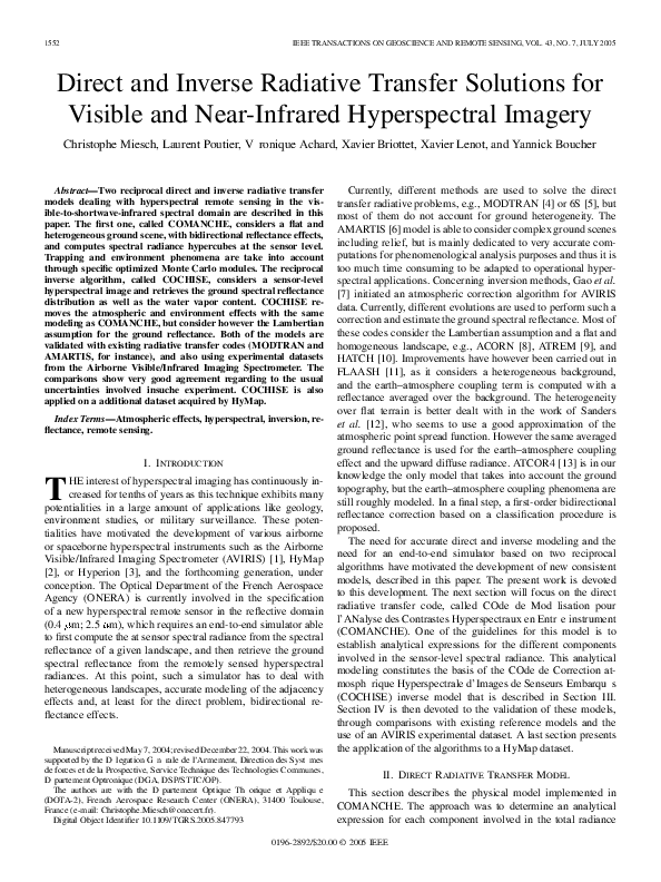 (PDF) Direct and inverse radiative transfer solutions for visible and ...