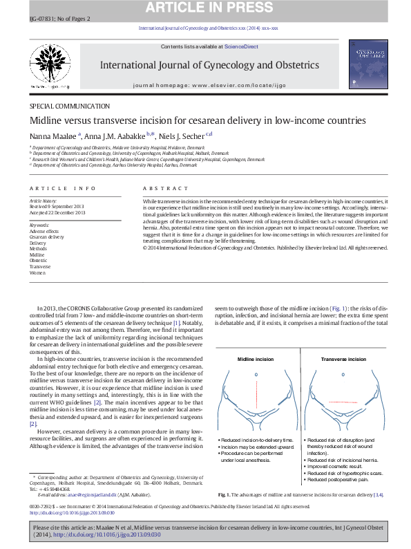 (PDF) Midline versus transverse incision for cesarean delivery in low-income countries