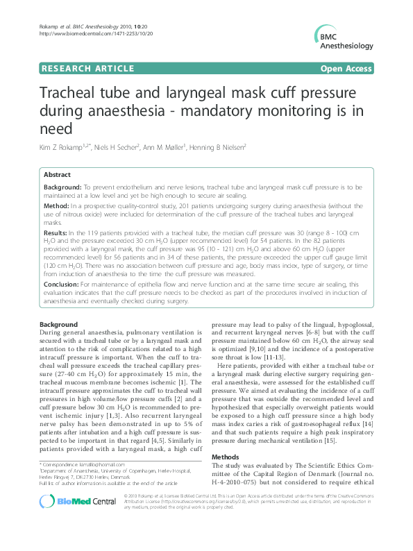 (PDF) Tracheal tube and laryngeal mask cuff pressure during anaesthesia ...