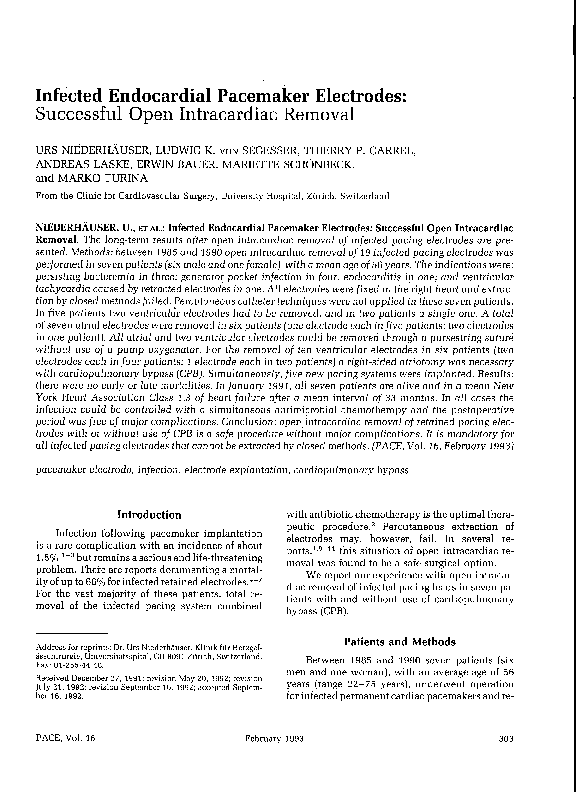 (PDF) Infected Endocardial Pacemaker Electrodes: Successful Open ...