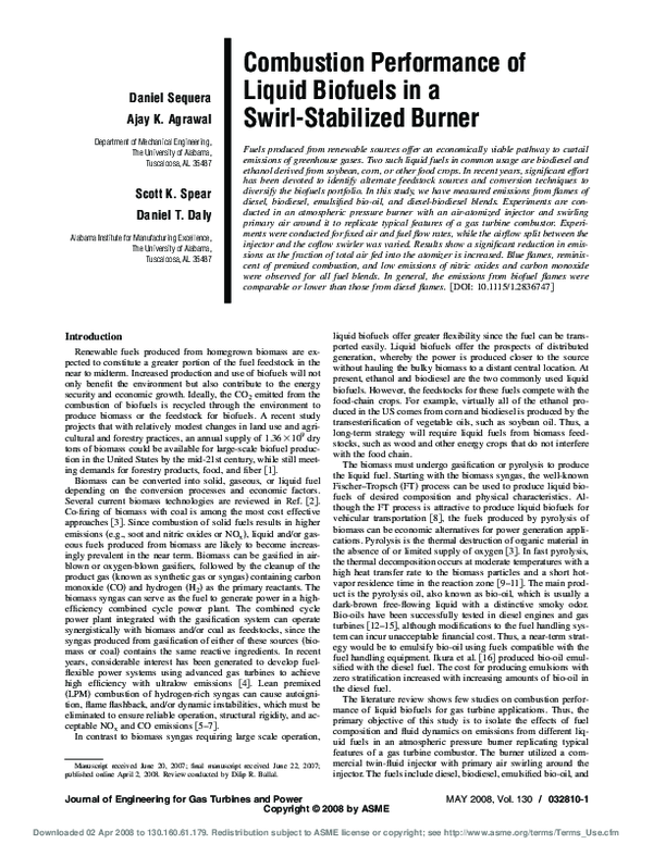 (PDF) Combustion Performance of Liquid Biofuels in a Swirl-Stabilized Burner