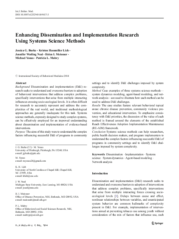 (PDF) Enhancing Dissemination and Implementation Research Using Systems ...
