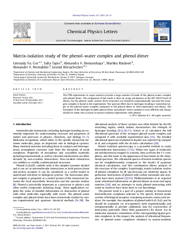 (PDF) Matrix-isolation study of the phenol–water complex and phenol dimer