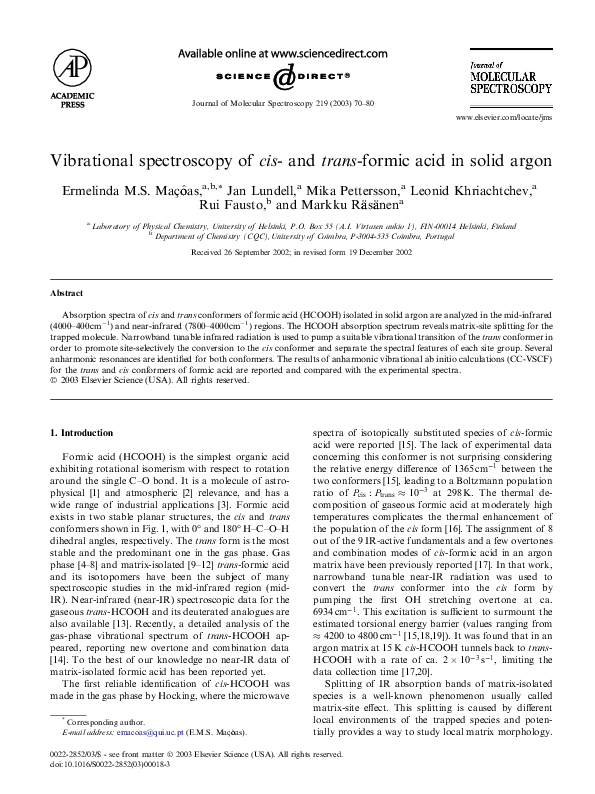 (PDF) Vibrational spectroscopy of cis- and trans-formic acid in solid argon
