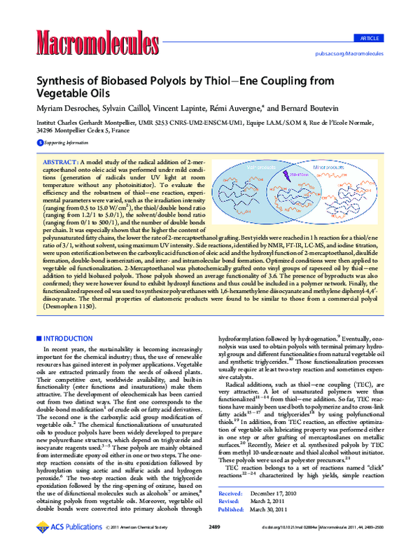 (PDF) Synthesis of Biobased Polyols by Thiol−Ene Coupling from ... (PDF) Synthesis of Biobased Polyols by Thiol−Ene Coupling from ...