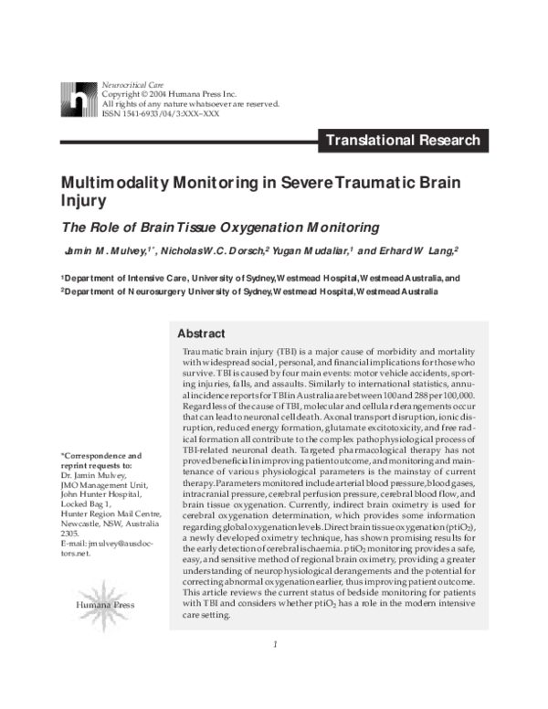 (PDF) Multimodality Monitoring in Severe Traumatic Brain Injury: The ... (PDF) Multimodality Monitoring in Severe Traumatic Brain Injury: The ...