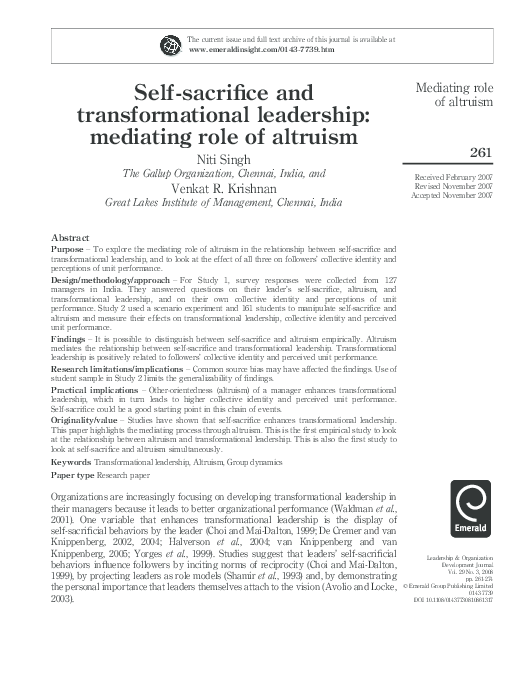 (PDF) Self-sacrifice and transformational leadership: mediating role of ...