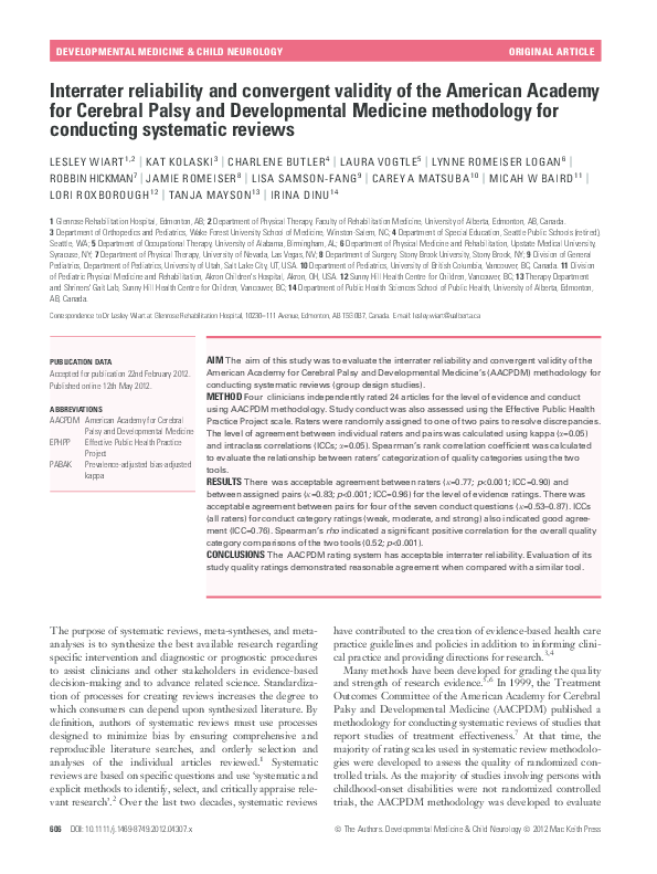 (PDF) Interrater reliability and convergent validity of the American Academy for Cerebral Palsy ...