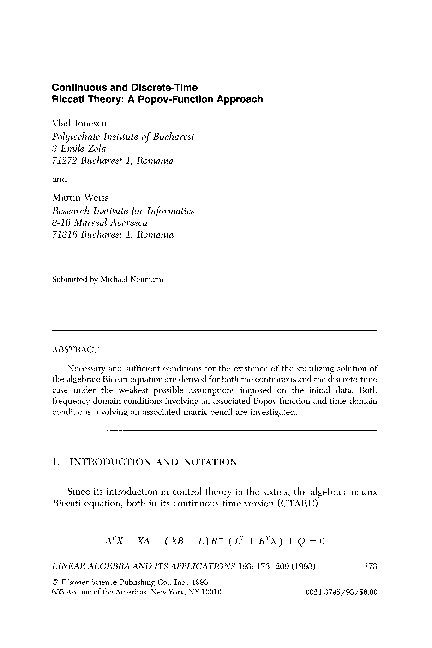 Pdf Continuous And Discrete Time Riccati Theory A Popov Function