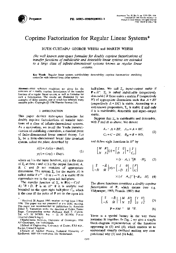 (PDF) Coprime factorization for regular linear systems