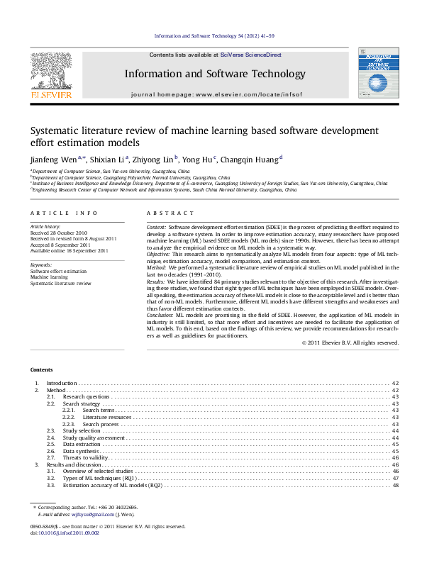 Pdf Systematic Literature Review Of Machine Learning Based Software Development Effort