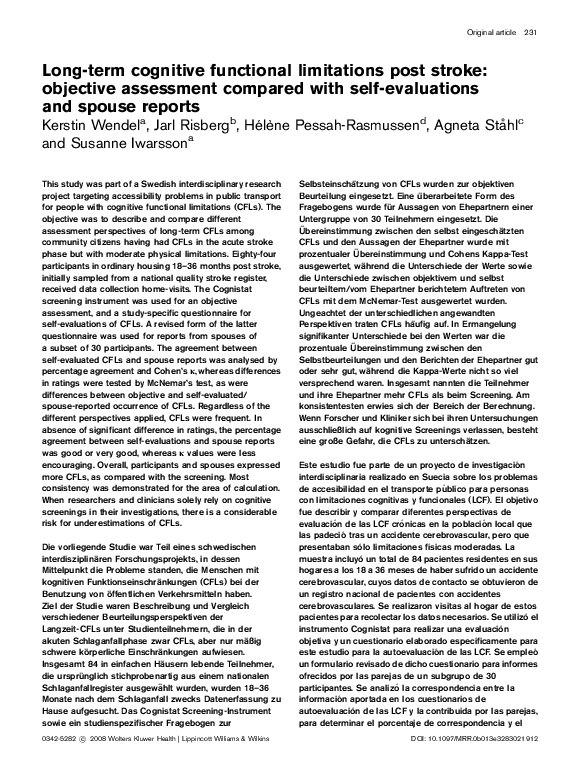 (PDF) Long-term cognitive functional limitations post stroke: objective ...