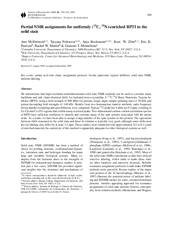 (PDF) Partial NMR assignments for uniformly (13C, 15N)-enriched BPTI in the solid state