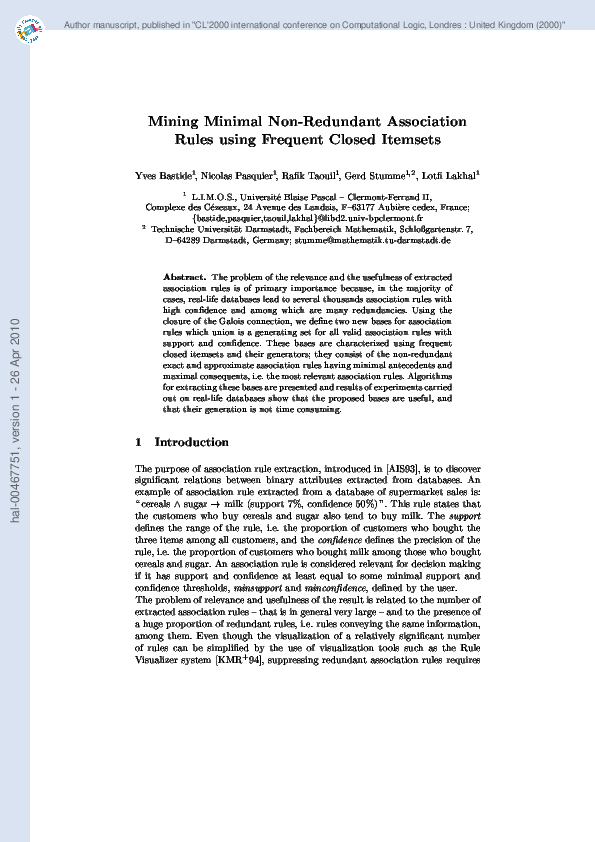 (PDF) Mining minimal non-redundant association rules using frequent closed itemsets