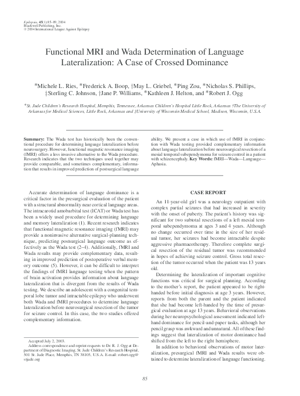 (PDF) Functional MRI and Wada Determination of Language Lateralization: A Case of Crossed Dominance