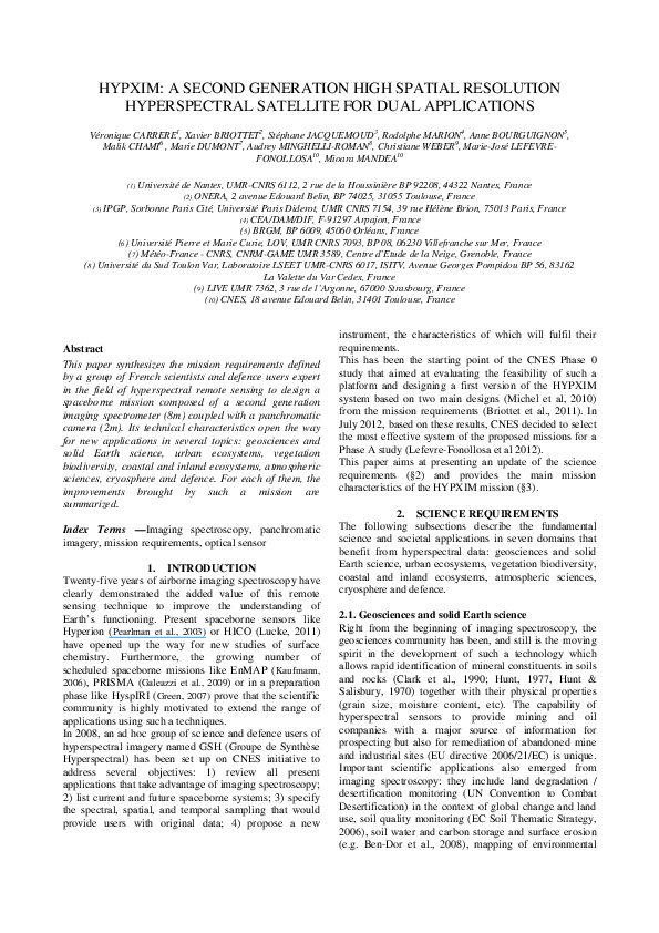 Pdf Hypxim A Second Generation High Spatial Resolution Hyperspectral Satellite For Dual
