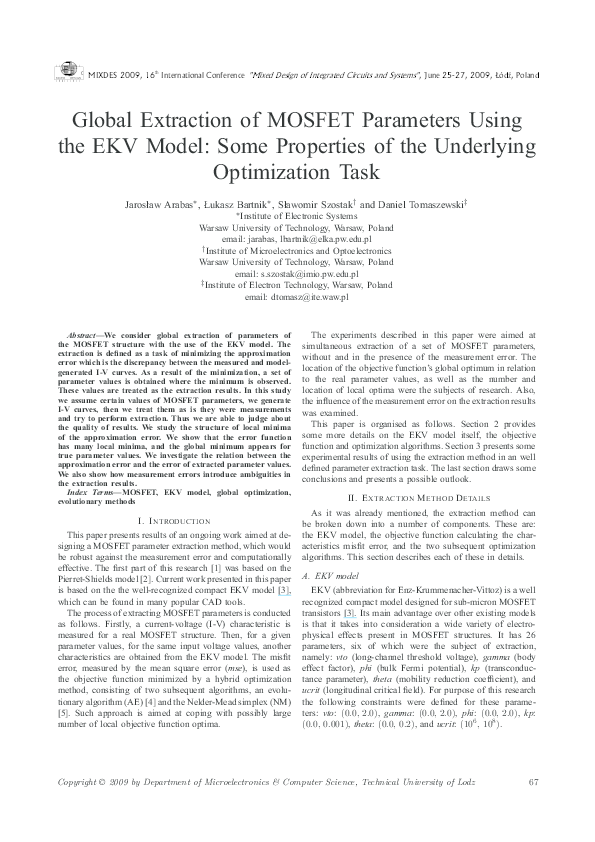 (PDF) Global extraction of MOSFET parameters using the EKV model: Some properties of the ...