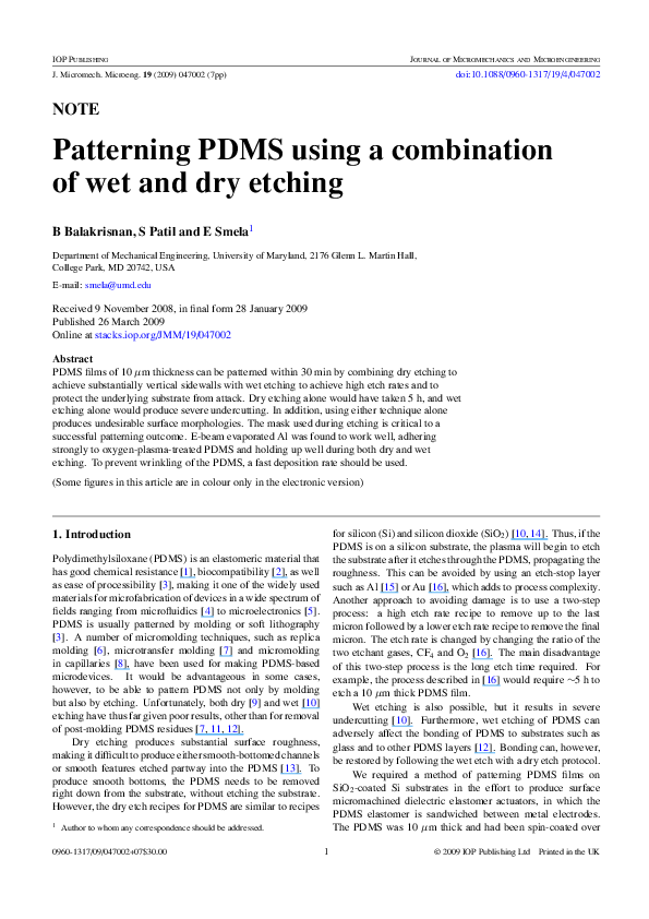 (PDF) Patterning PDMS using a combination of wet and dry etching