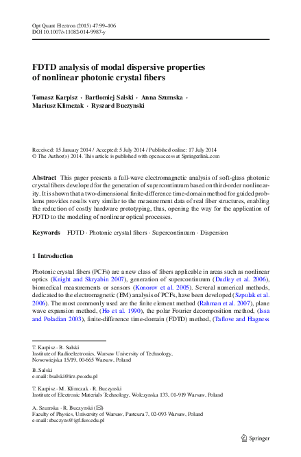 (PDF) FDTD analysis of modal dispersive properties of nonlinear photonic crystal fibers
