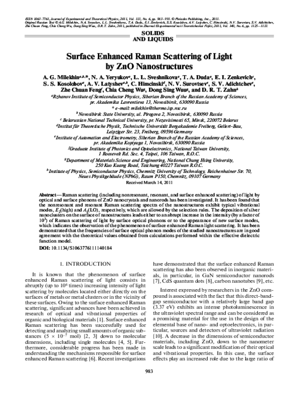 (PDF) Surface enhanced Raman scattering of light by ZnO nanostructures
