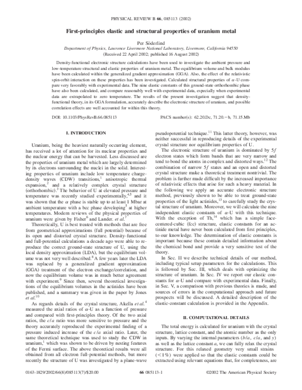 (PDF) First-principles elastic and structural properties of uranium metal