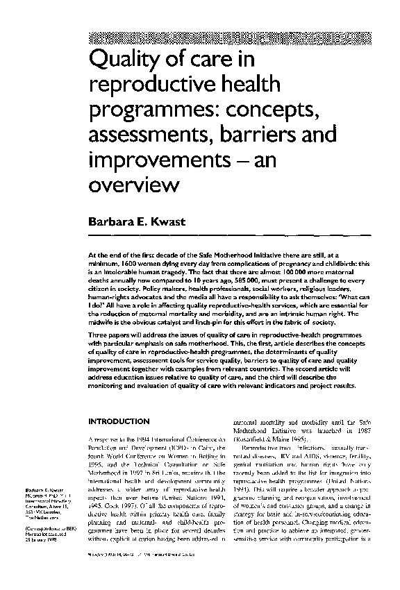 (PDF) Quality of care in reproductive health programmes: Concepts ...