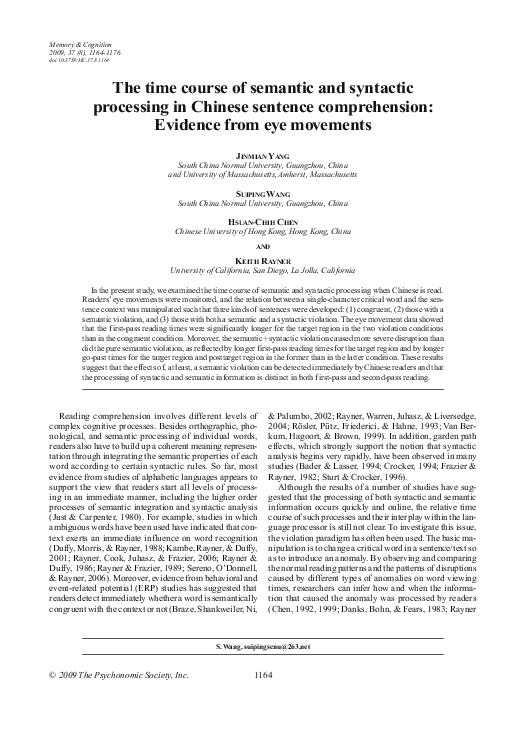 Pdf The Time Course Of Semantic And Syntactic Processing In Chinese Sentence Comprehension