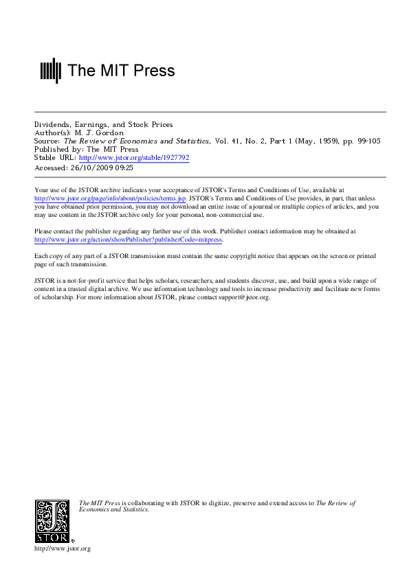 (PDF) Dividends Earnings and Stock Prices MJ Gordon 1959